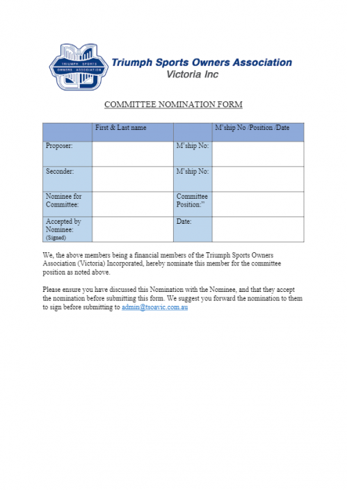 Committee Nomination Form | Triumph Sports Owners Association Victoria